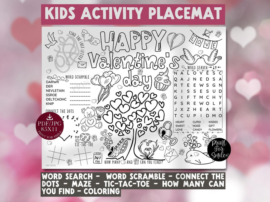 Valentines Day Placemat PRINTABLE Kids Activity Page Coloring Party