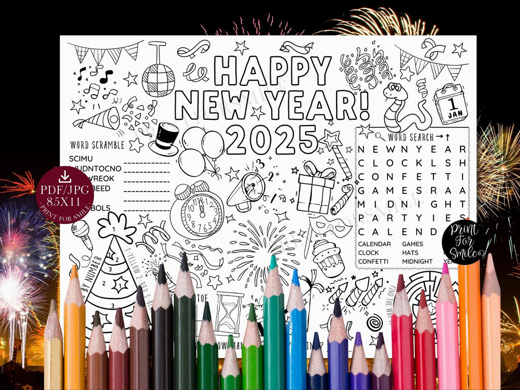 New Years Placemat PRINTABLE Happy New Year Eve 2025, Party Activity S