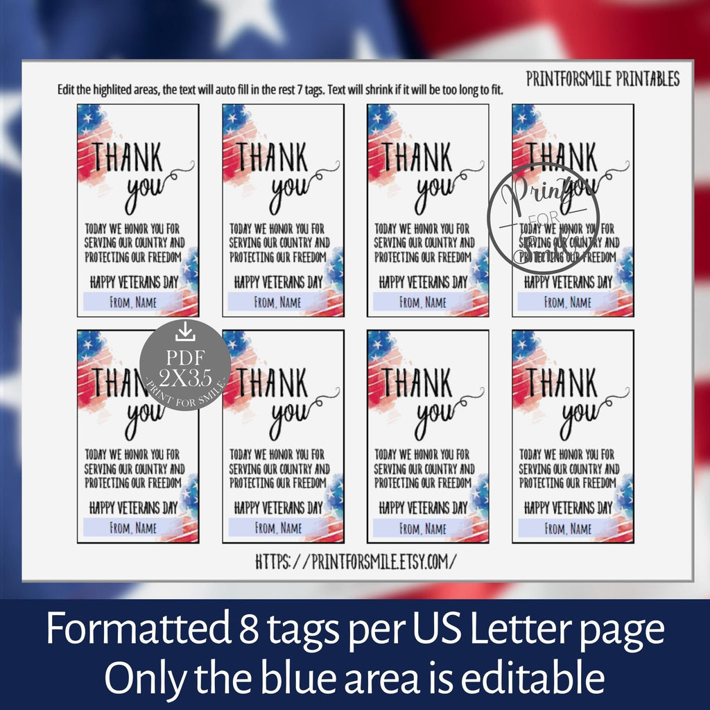 Editable Veterans Day Gift Tags Printable PDF Thank You Happy Military