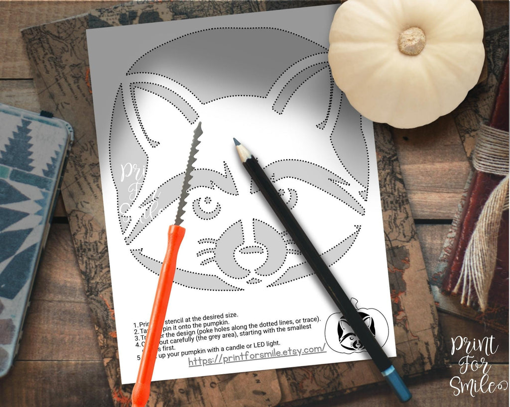 Raccoon Pumpkin Carving Stencil Template Cute Halloween PRINTABLE