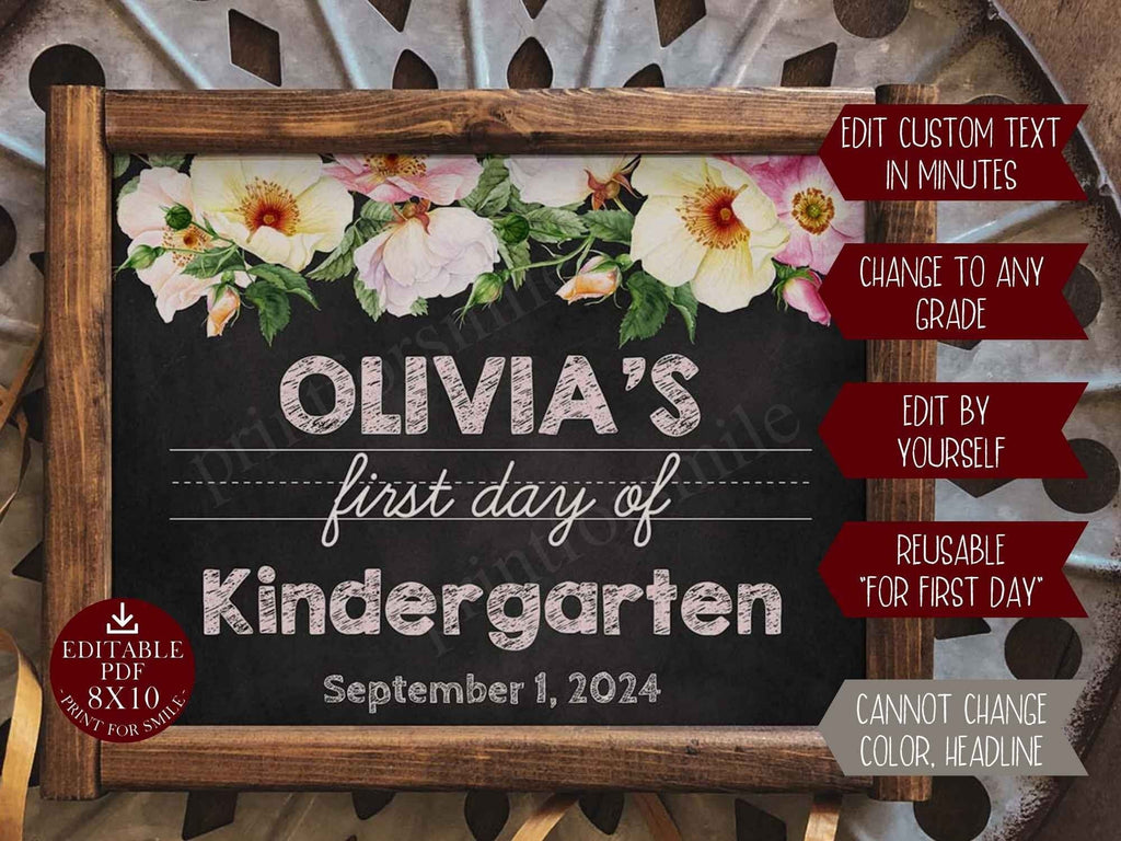 Editable PRINTABLE Floral First Day Of School Sign PDF Template