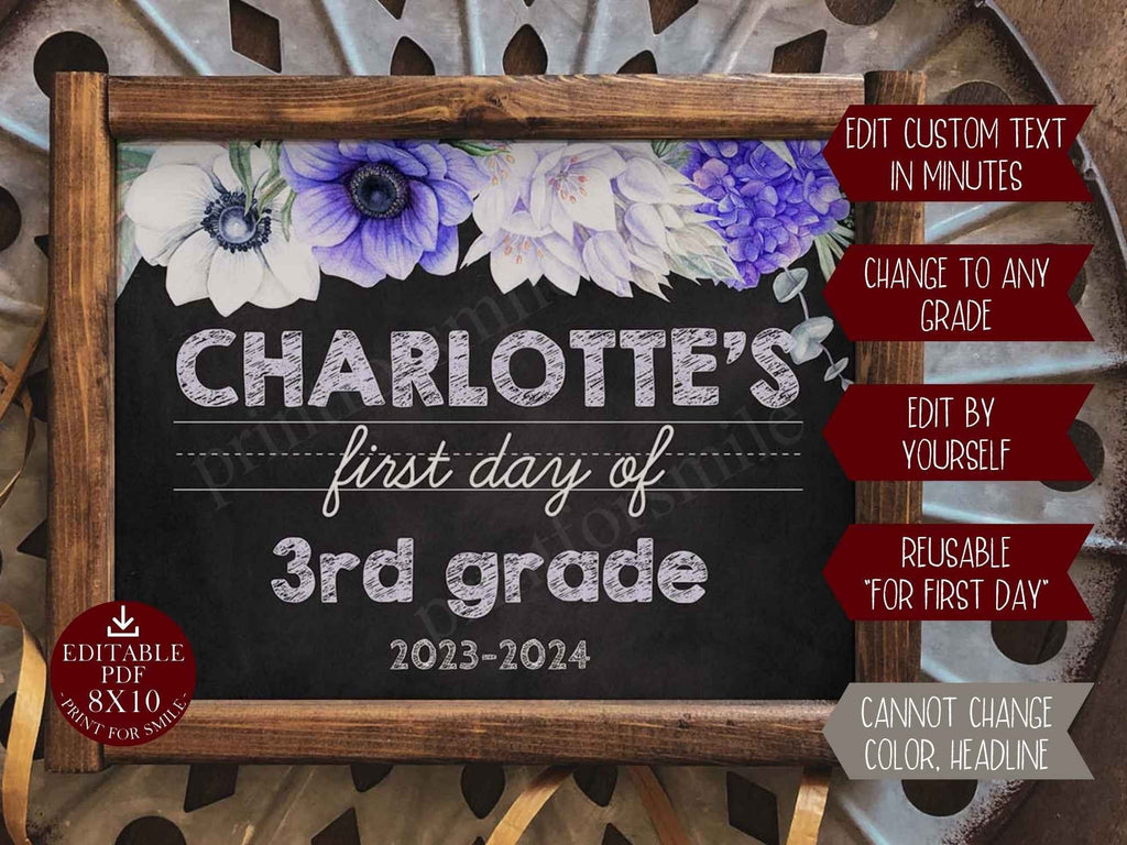 PRINTABLE Editable First Day Of School Sign Girl PDF Template