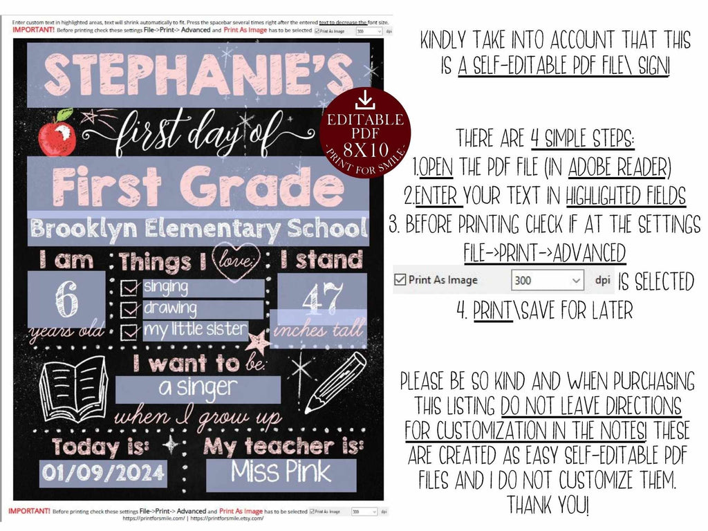 First Day Of School Sign Editable PRINTABLE Template PDF Girl