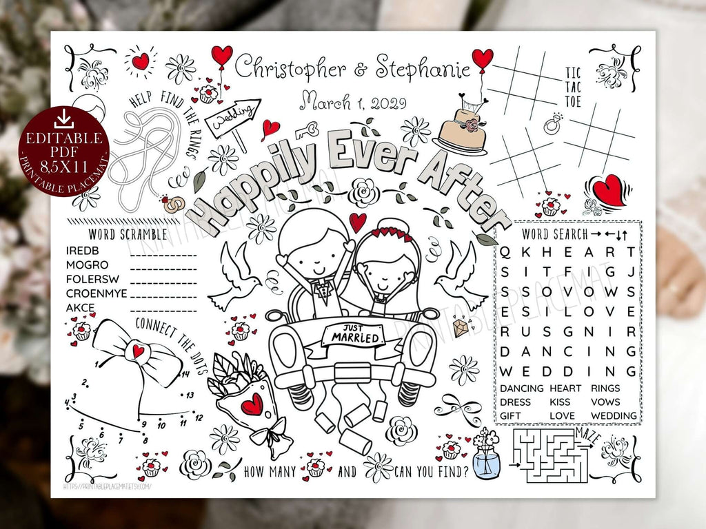 Wedding Placemat PRINTABLE Coloring Kids Activity