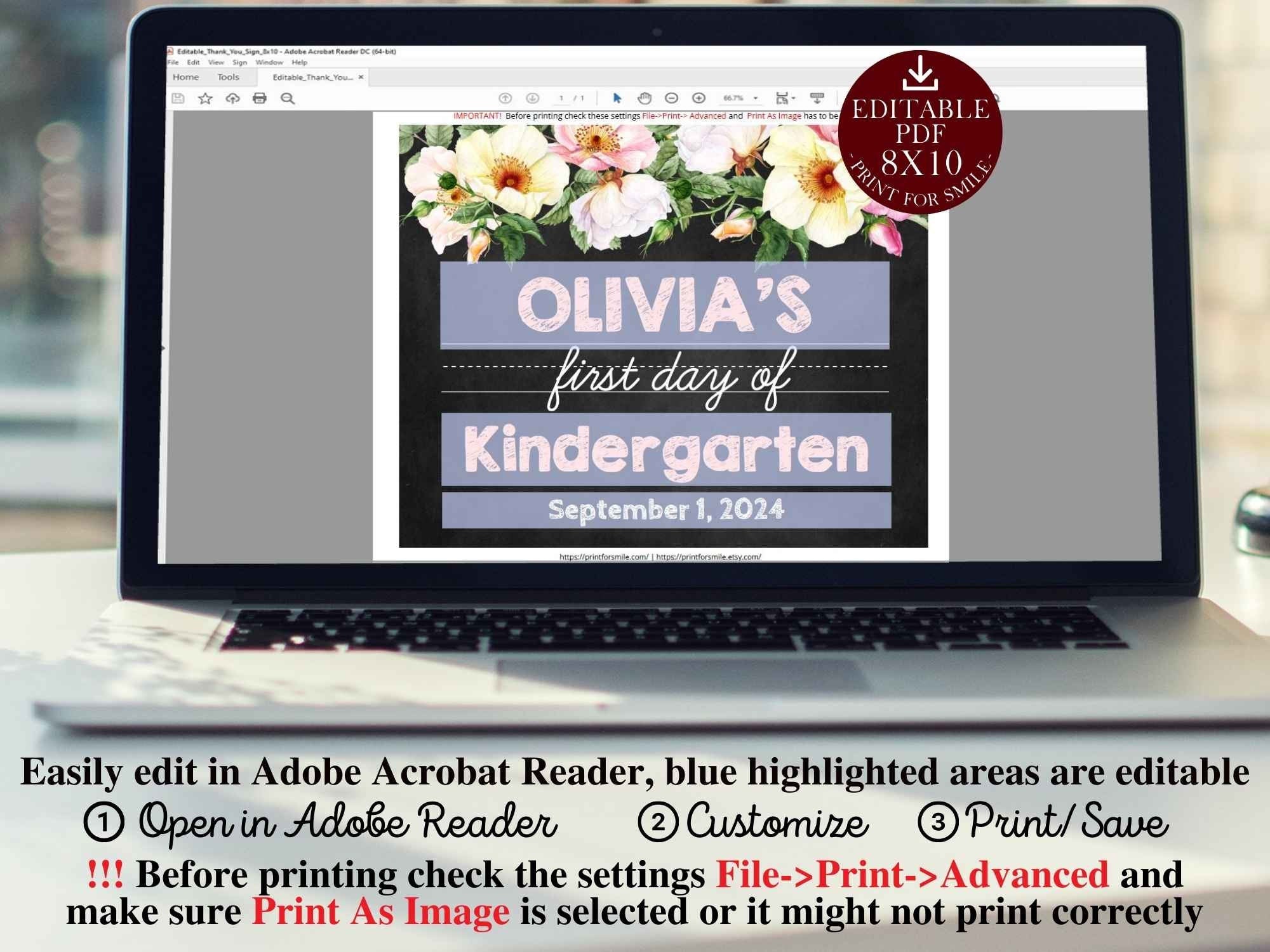 Editable PRINTABLE Floral First Day Of School Sign PDF Template