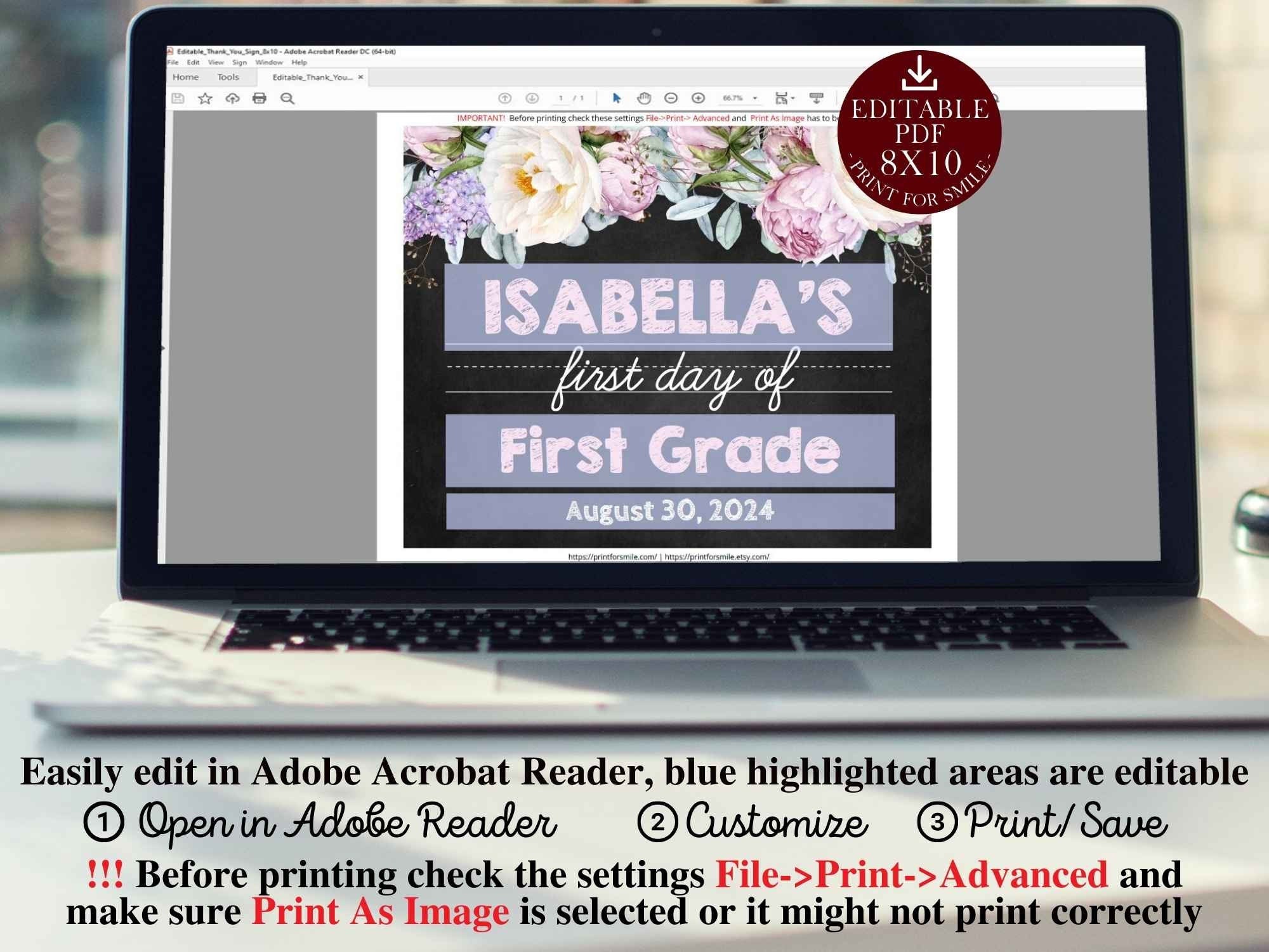 PRINTABLE First Day Of School Sign Editable Girl Floral PDF Template