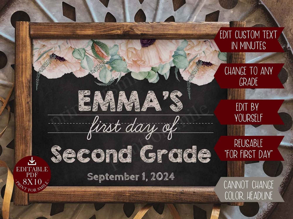 Editable PRINTABLE First Day Of School Sign Girl PDF Template