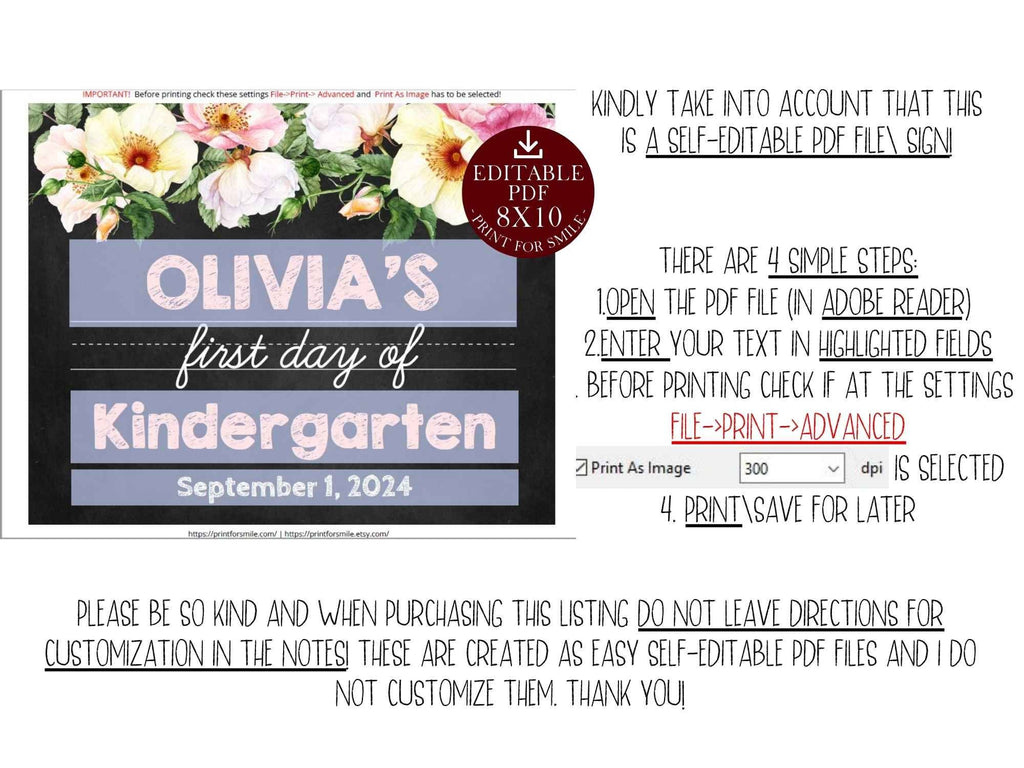 Editable PRINTABLE Floral First Day Of School Sign PDF Template